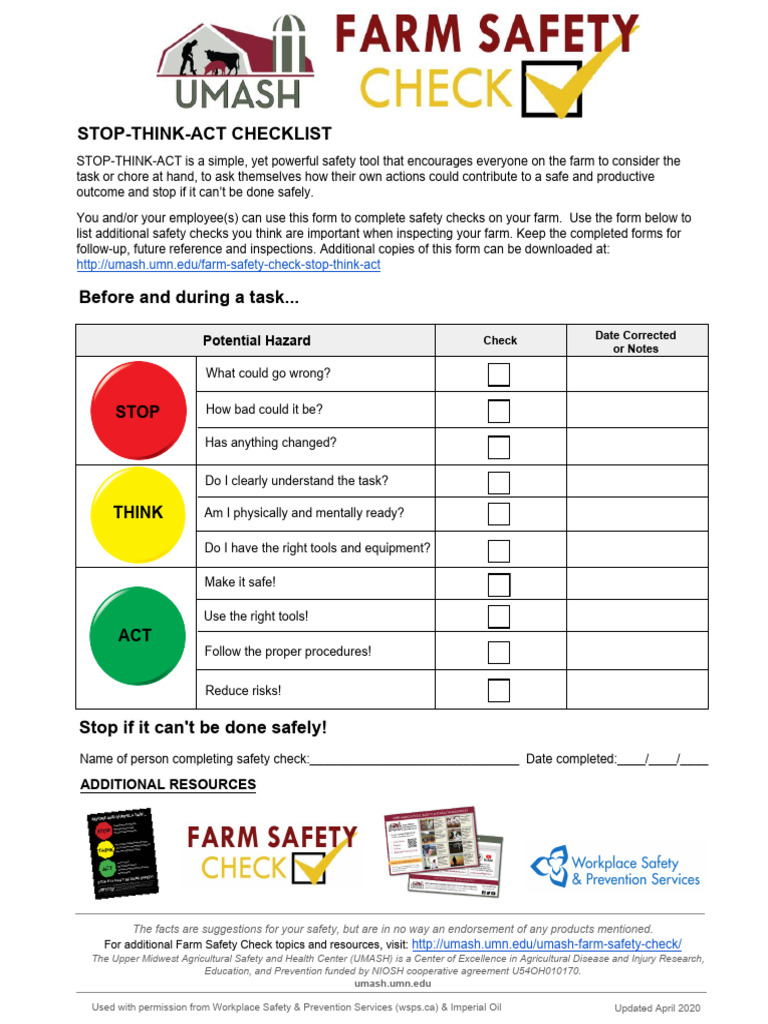 Farm Safety Checklist: Stop-Think-Act | PDF | Occupational Safety And ...