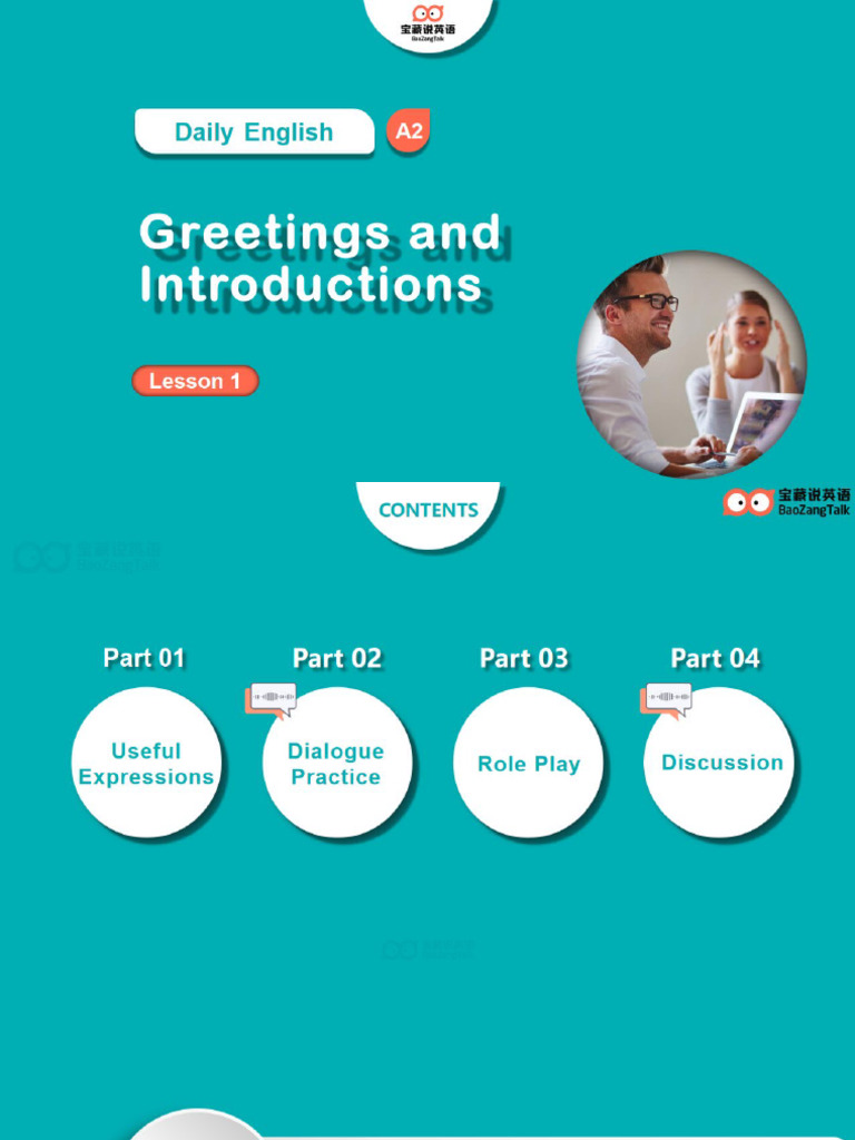 【BaoZangTalk】【A2】Lesson 1 - Greetings and Introductions - | PDF