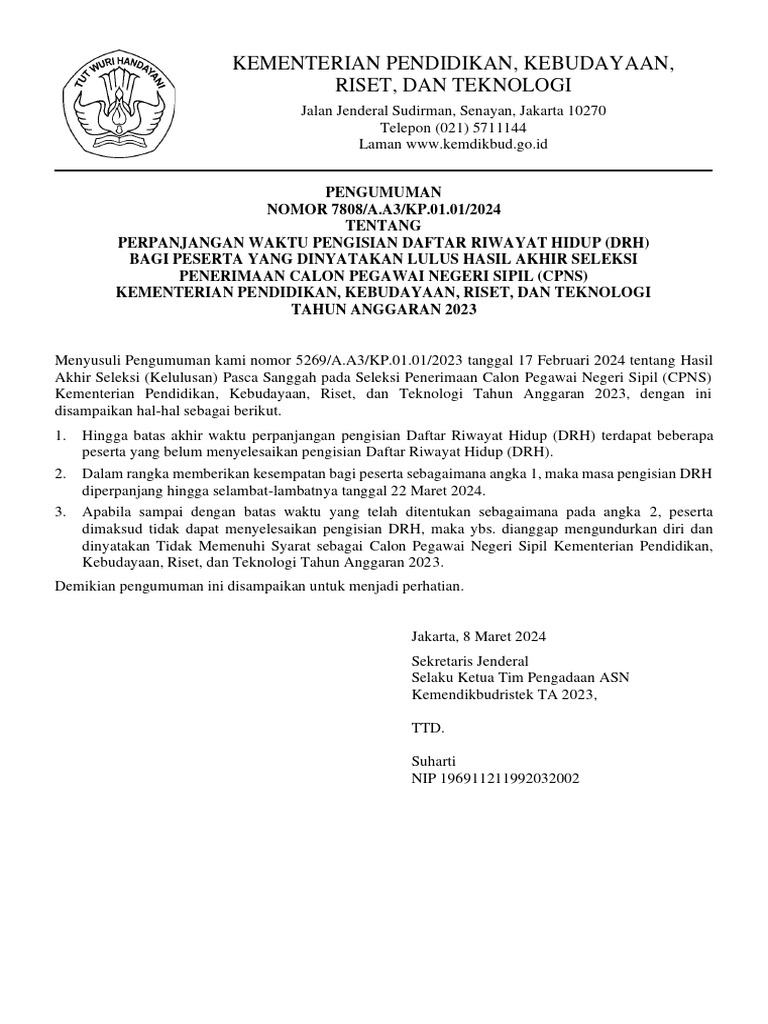 Perpanjangan Pengisian DRH CPNS 2023 | PDF