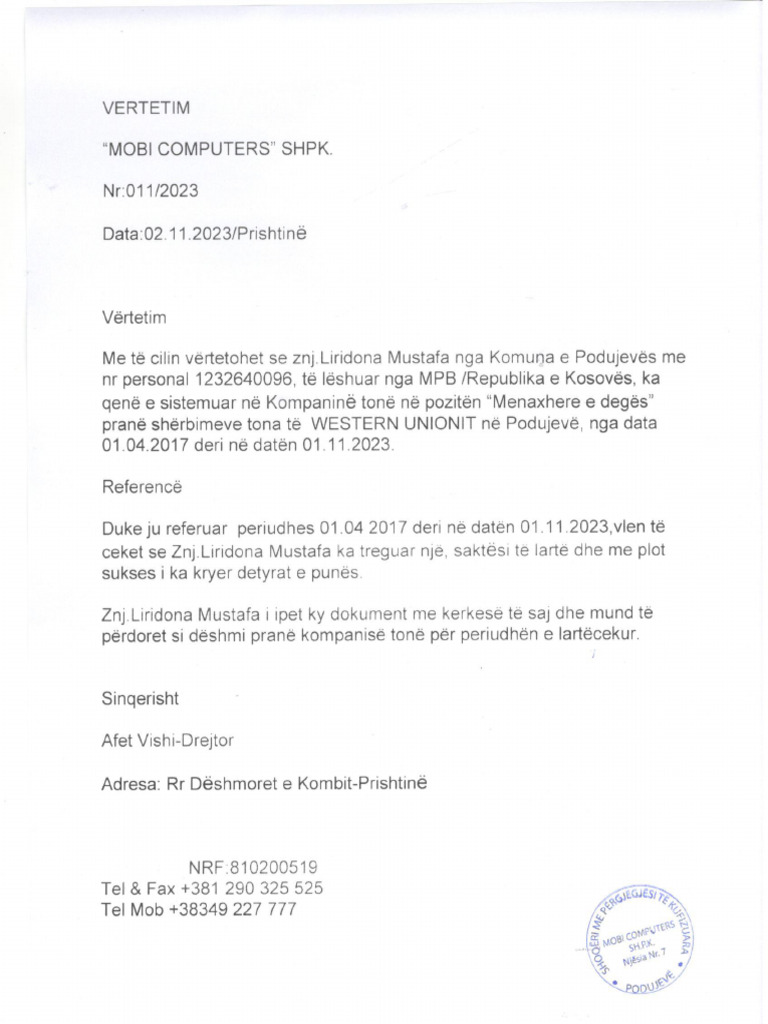 Vertetim I Punës-Liridona Mustafa | PDF