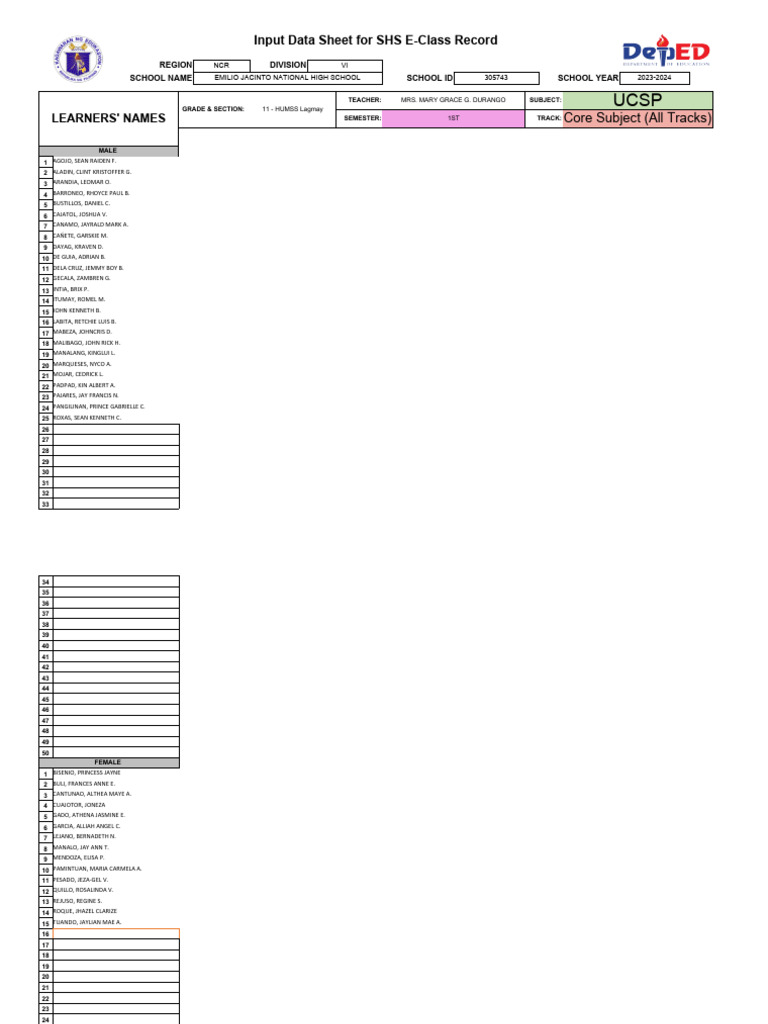 11 HUMSS LAGMAY E Class Record | PDF