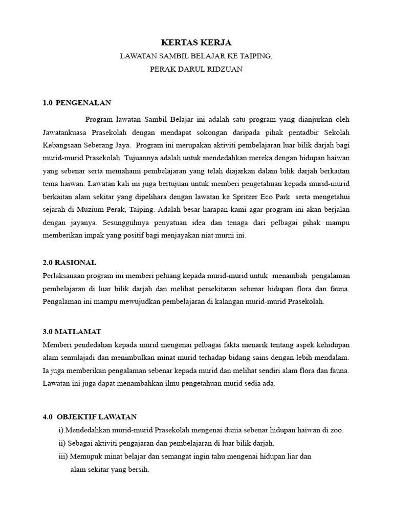KERTAS KERJA LAWATAN ZOO TAIPING PRASEKOLAH 2023 | PDF