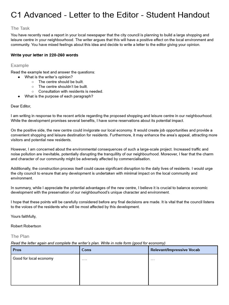 C1 Advanced Letter To The Editor Student Handout | PDF