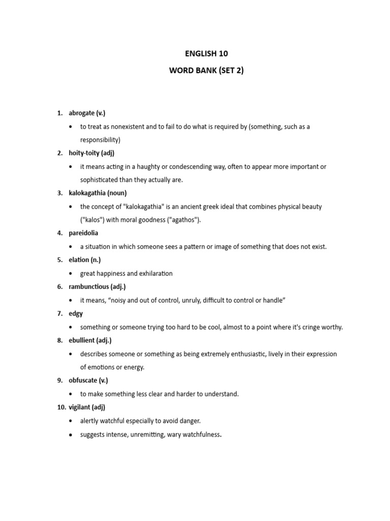 English 10 Vocabulary Word Bank 2 | PDF | Emotions | Subjective Experience