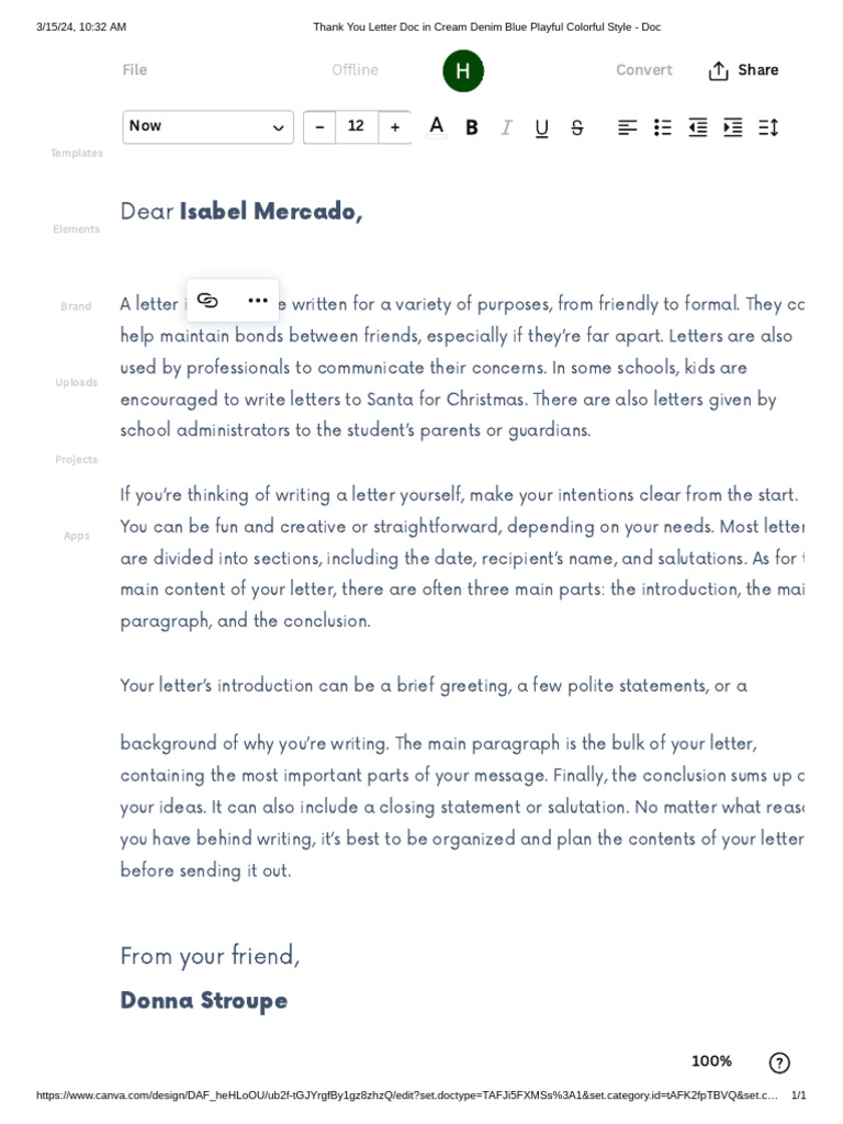 Thank You Letter Doc in Cream Denim Blue Playful Colorful Style | PDF