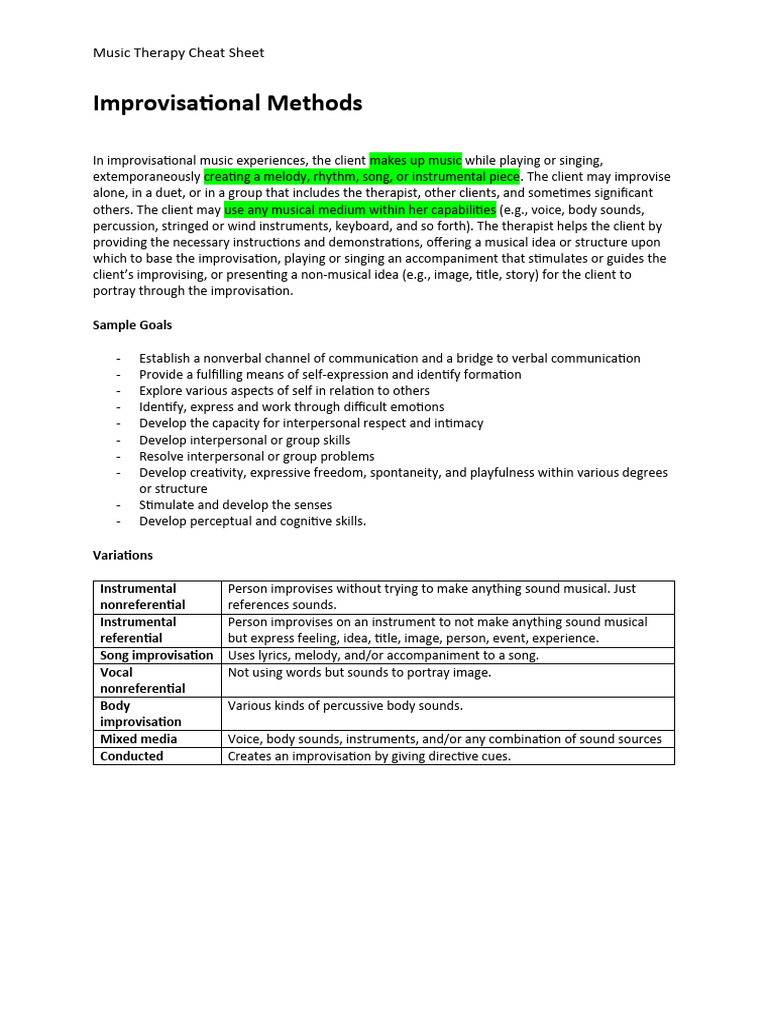 Music Therapy goal cheat sheet | PDF | Psychotherapy | Musical Compositions