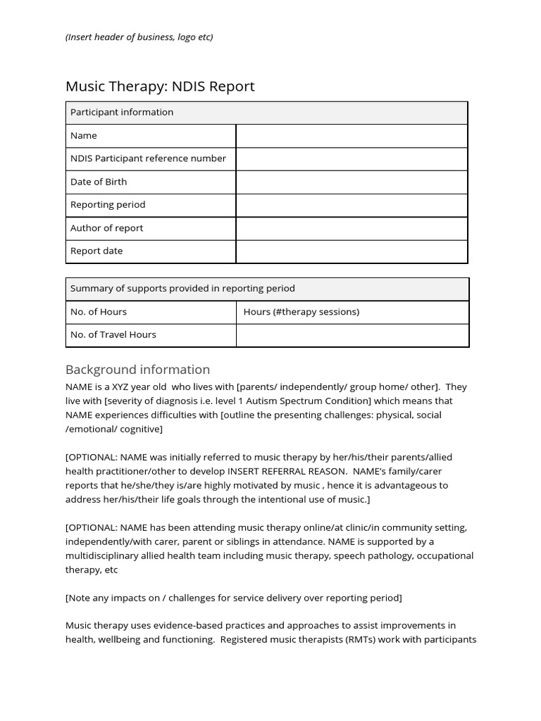 NDIS Music Therapy Progress Report | PDF | Psychotherapy | Occupational ...