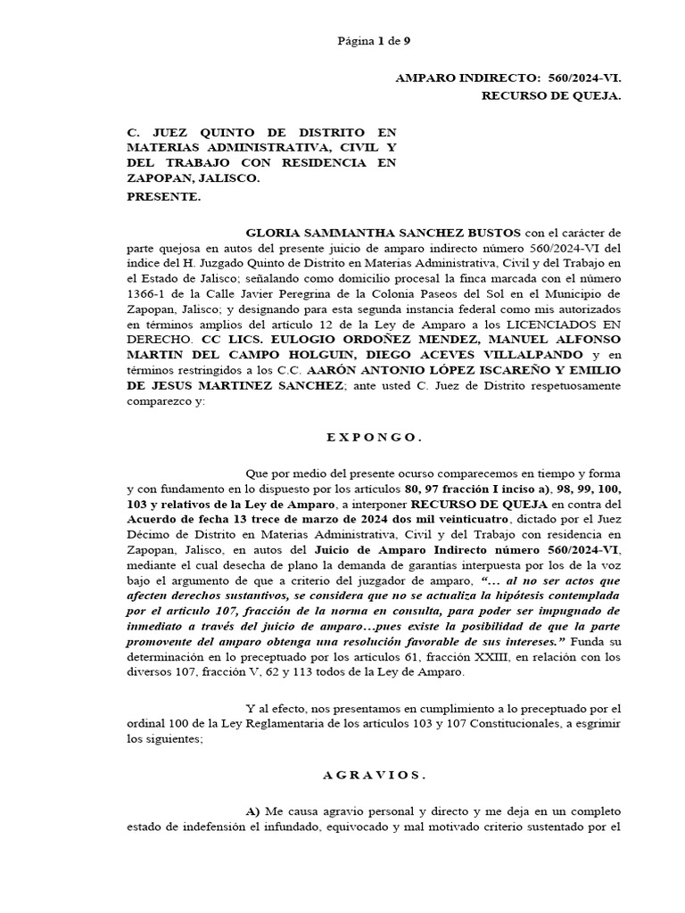 Recurso de Queja Amparo 560-2024-VI | PDF | Caso de ley | Separación de poderes