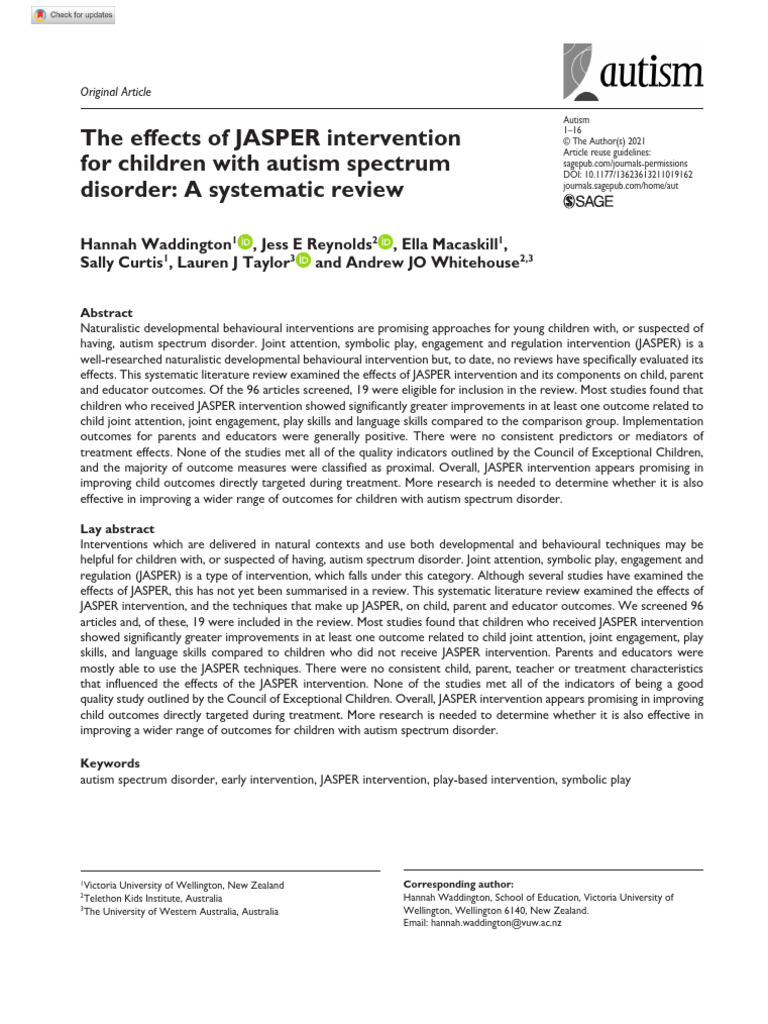 The Effects of JASPER Intervention For Children With Autism Spectrum Disorder: A Systematic ...