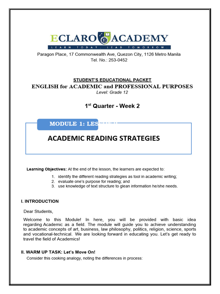 Week 2 Eapp Academic Reading Strategies | PDF | Literacy | Reading ...