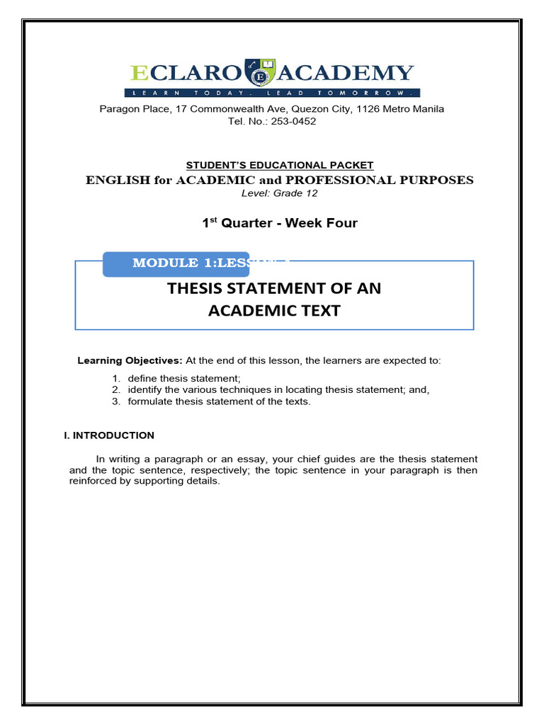 Week 4 Eapp Thesis Statement of An Academic Text | PDF | Thesis | Essays