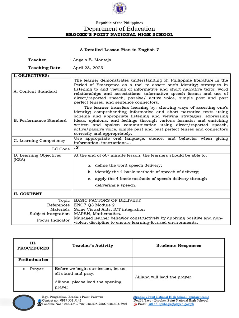 English 7 Lesson Plan: Speech Delivery | PDF | Speech | Communication