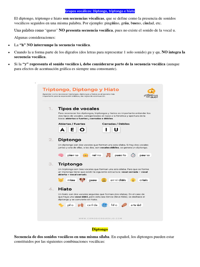 Diptongo, Triptongo y Hiato: Definición y Ejemplos | PDF