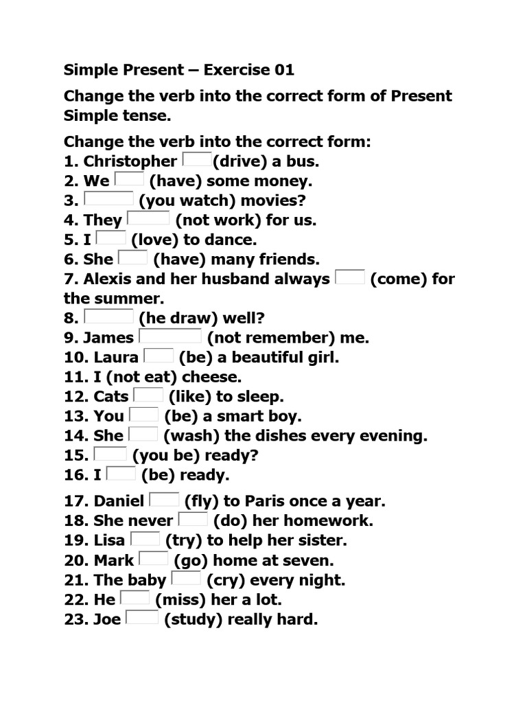 Exercise Present Simple 50 ข้อ | PDF
