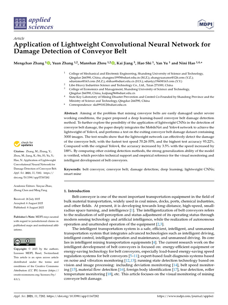 Application of Lightweight Convolutional Neural Network For Damage Detection of Conveyor Belt ...
