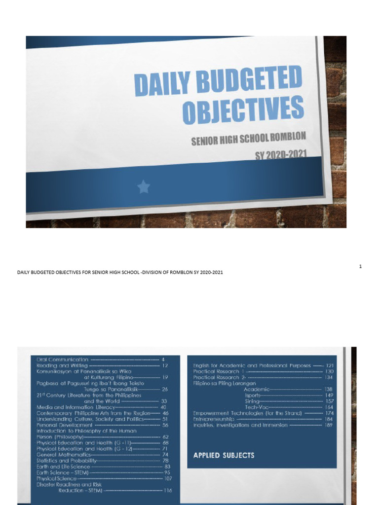 Daily Budgeted Objectives Sy 2020 2021 | PDF | Communication | Conversation