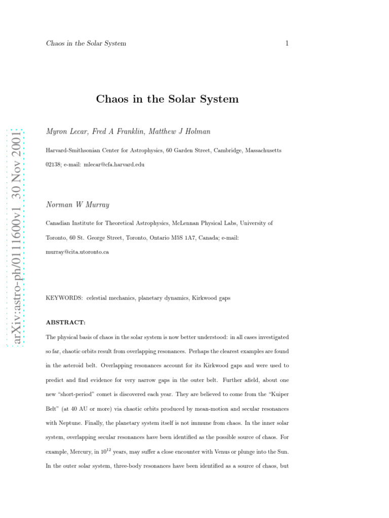 Chaos in the Solar System Lecar Franklin Holman | PDF | Solar System ...