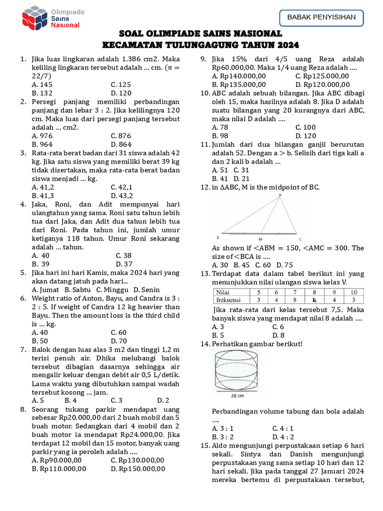 Soal Babak Penyisihan Osn Matematika 2024 | PDF