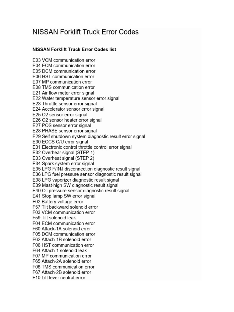 Nissan Forklift Error Codes List | PDF | Engineering | Mechanical ...