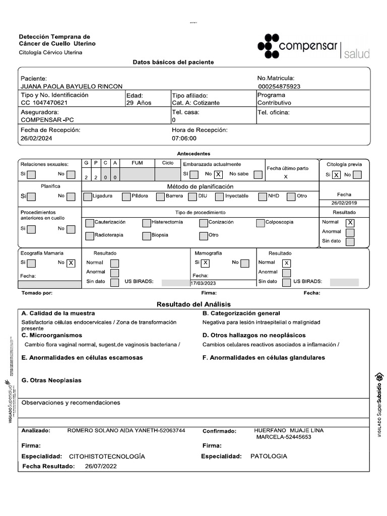 JUANA BAYUELO CITOLOGIA COMPENSAR EPS | PDF