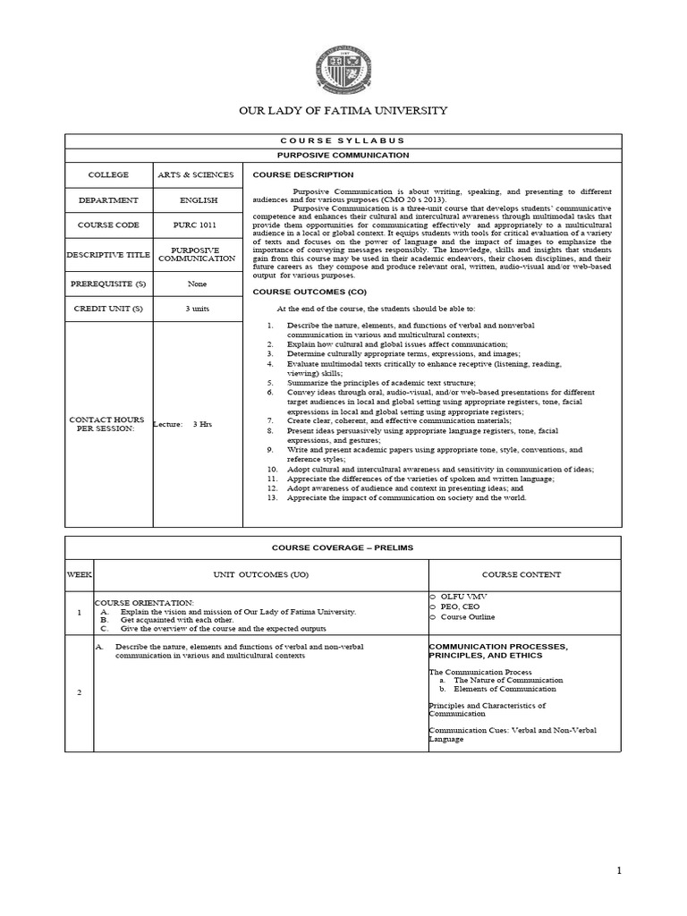 PURPOSIVE COMMUNICATION SYLLABUS (1) | PDF | Communication | Nonverbal ...