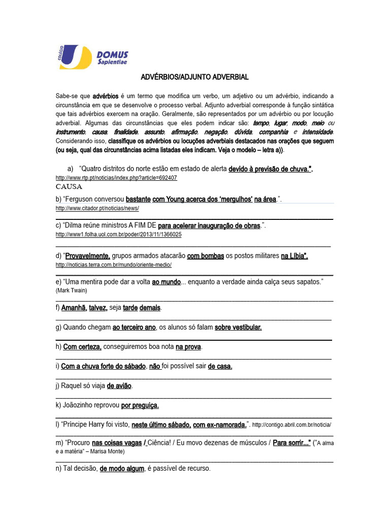 Adjuntos Adverbiais - Exercícios | PDF | Advérbio