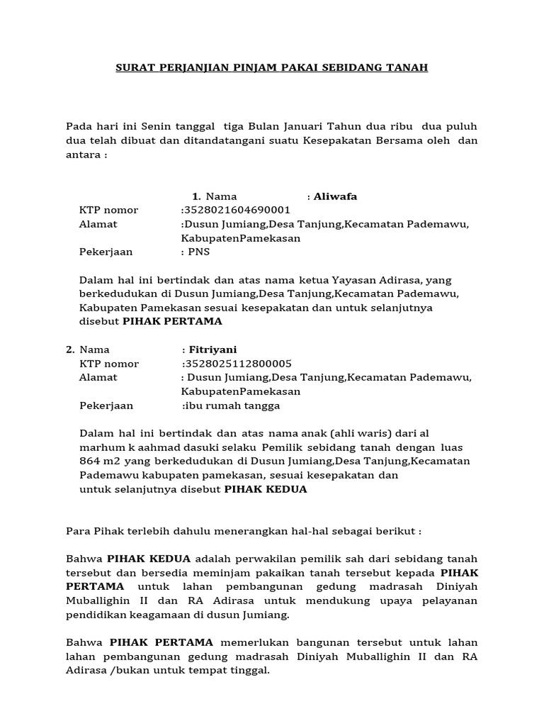 Toaz - Info Surat Perjanjian Pinjam Pakai Sebidang Tanah PR | PDF