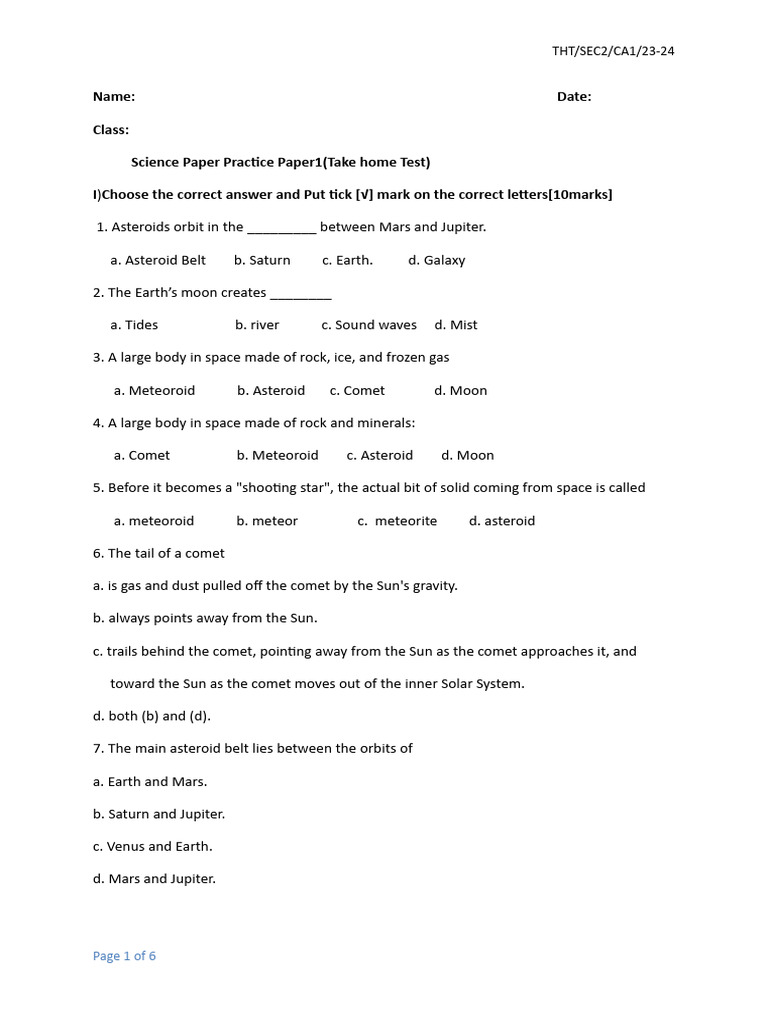 Name: Date: Class: Science Paper Practice Paper1 (Take Home Test) I ...