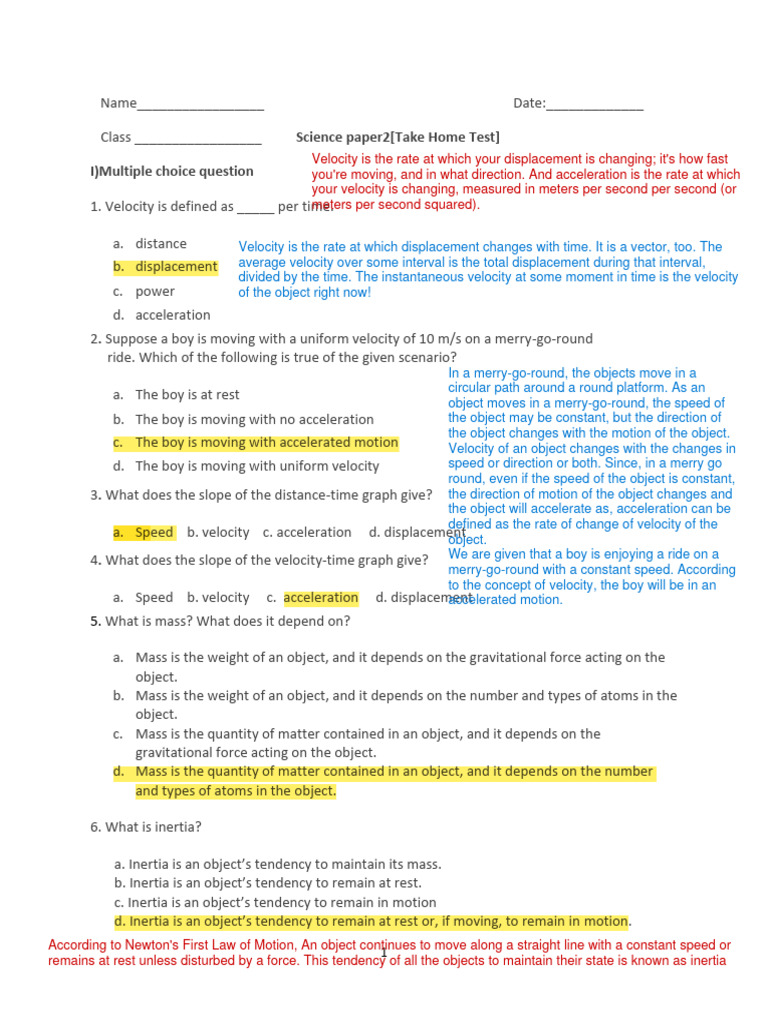 Science Take Home Test: Physics Concepts | PDF | Velocity | Inertia