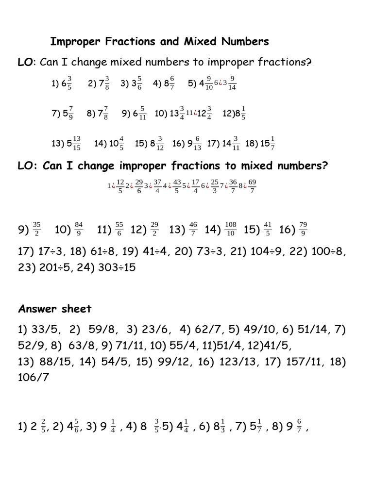 TES Mixed Numbers and Improper Fractions | PDF