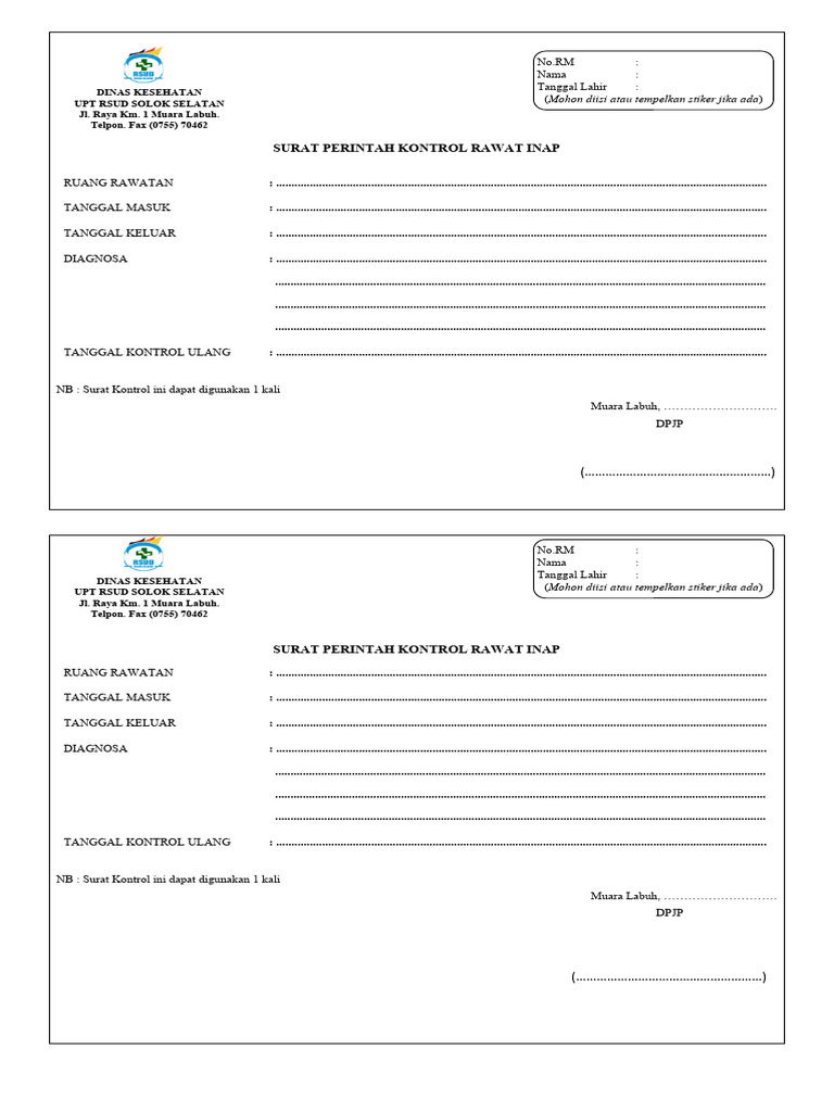Surat Perintah Kontrol Rawat Inap | PDF