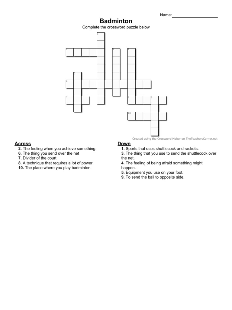 Badminton Crossword Puzzle | PDF