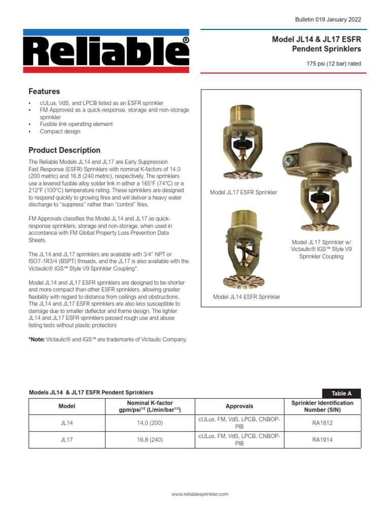 Reliable 019 - Model JL14 & JL17 Pendent Sprinklers | PDF | Mechanical ...