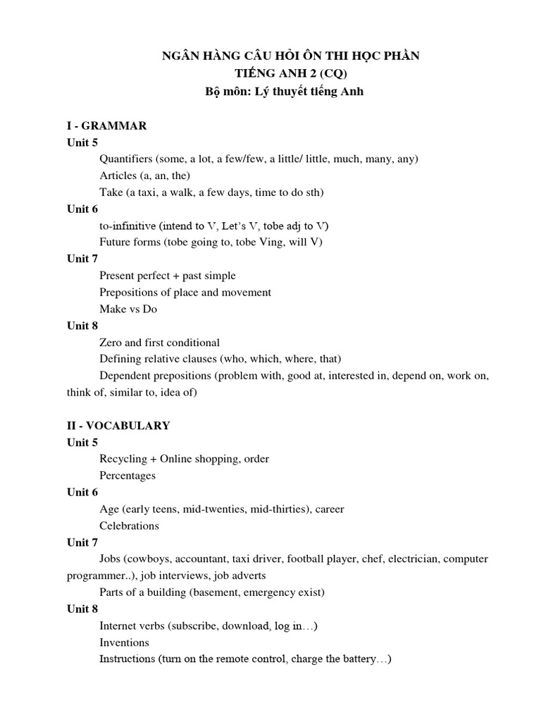 N1 - TA2 - CQ - 2023- câu hỏi ôn thi cuối kỳ | Download Free PDF | Schools