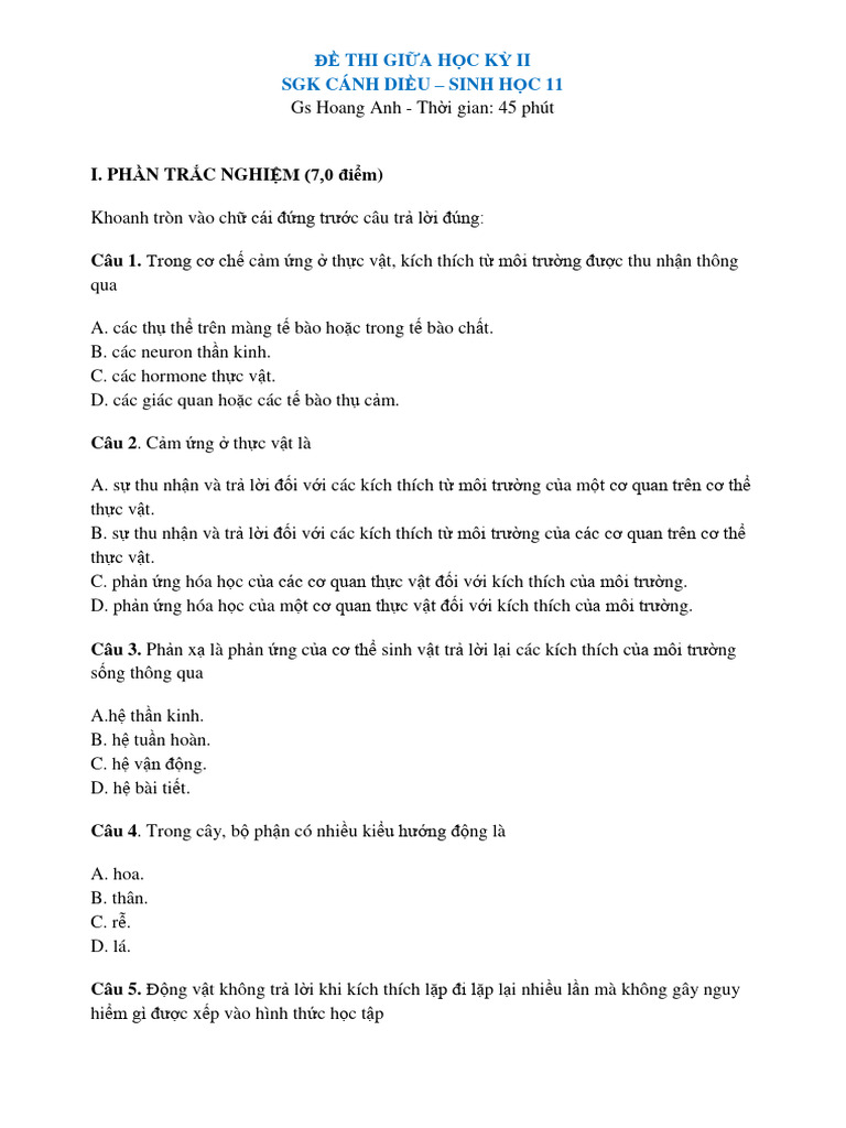 De Thi GK 2 Sinh Hoc 11 CTST | PDF