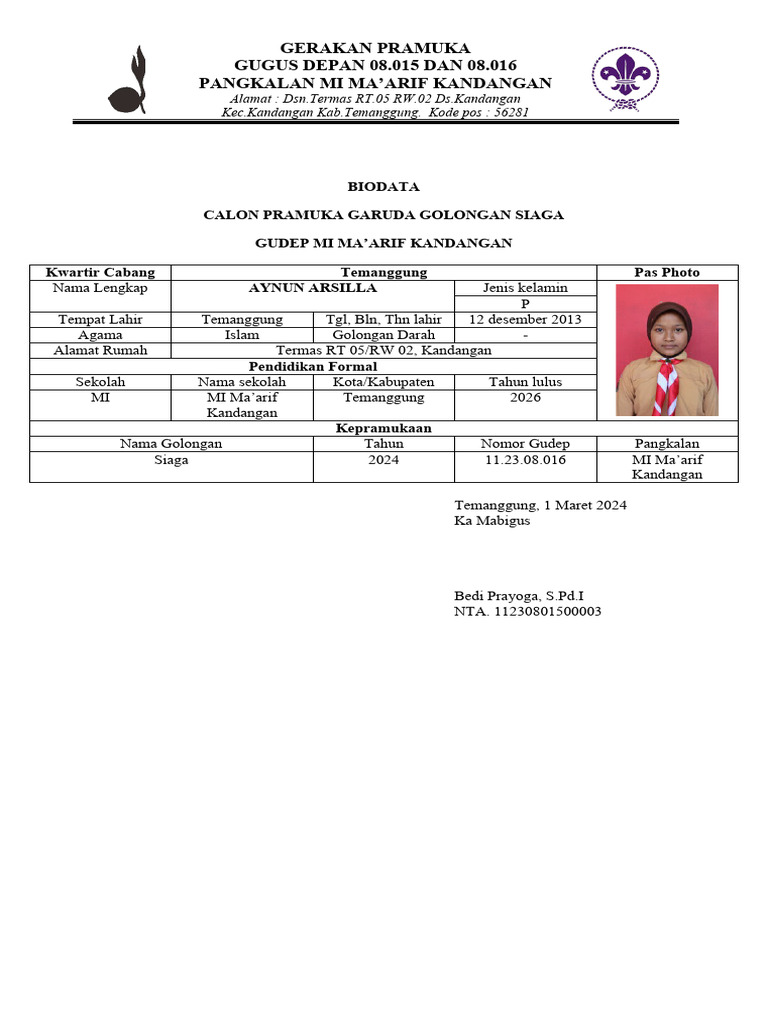 BIODATA Pramuka (1) | PDF