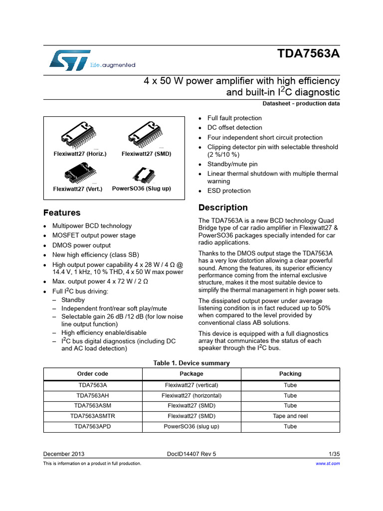 TDA7563A Power Amplifier Datasheet | PDF | Amplifier | Electronic ...