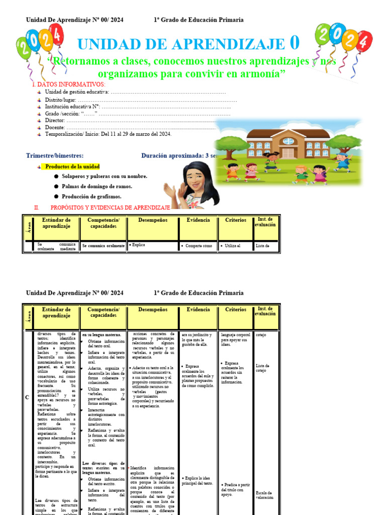 Unidad de Aprendizaje 1º Grado 2024 | PDF