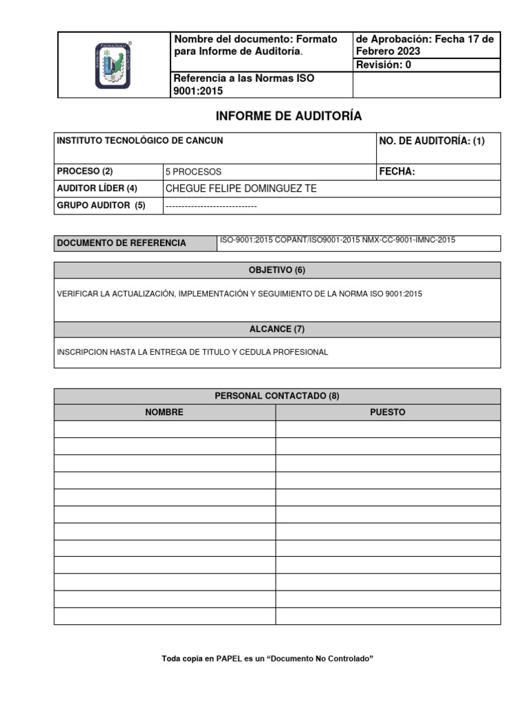 Formato para Informe de Auditoria. | PDF