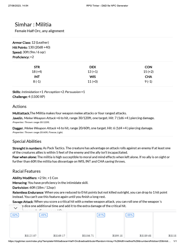 RPG Tinker - D&D 5e NPC Generator | PDF