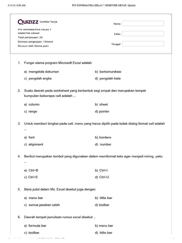 PTS INFORMATIKA KELAS 7 SEMESTER GENAP - Quizizz | PDF | Komputer