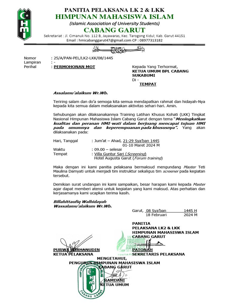 Surat Permohonan MOT HMI - Ketum BPL Sukabumi | PDF