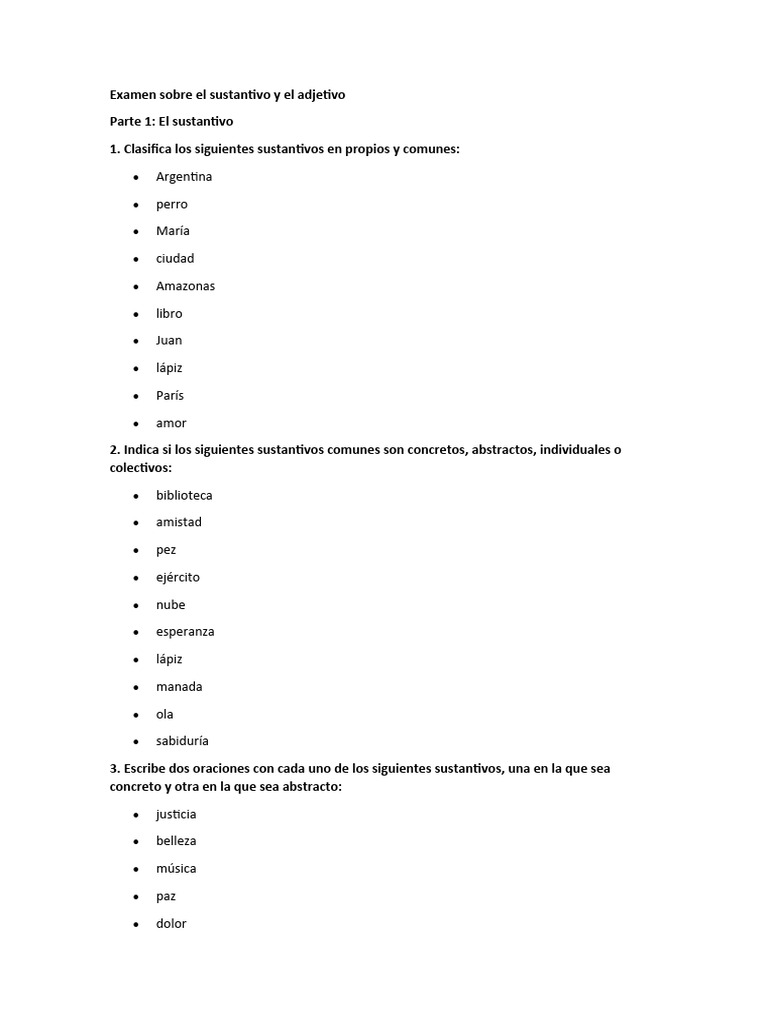 Examen sobre el sustantivo y el adjetivo | PDF