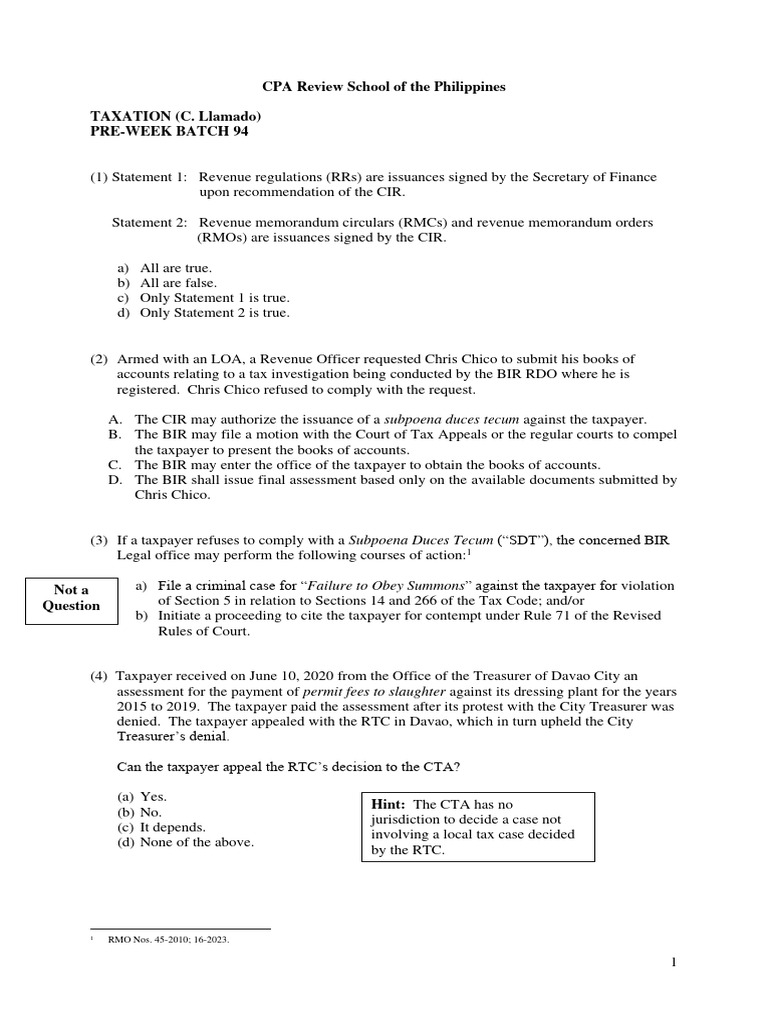 TAX (2 of 2) Preweek B94 - Questionnaire - Solutions PDF | PDF | Tax Deduction | Brewing