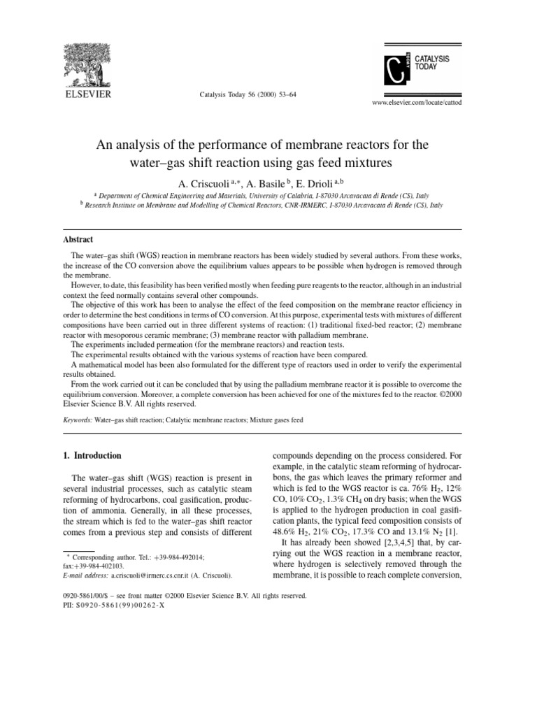 Criscuoli Basile Drioli 2000 An Analysus of The Performance of Membrane Reactors For The WGSR ...