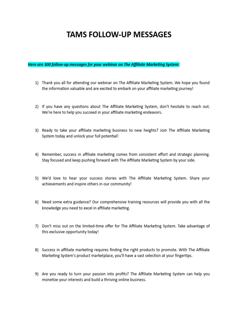Tams Follow Up Messages | PDF | Marketing | Affiliate Marketing