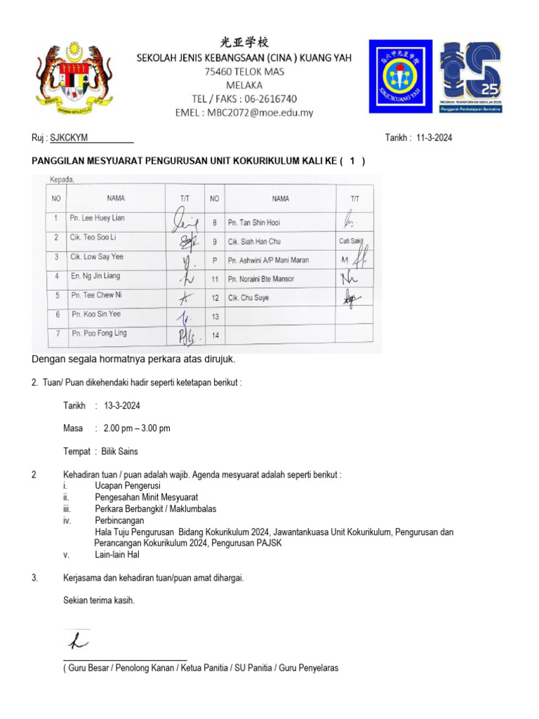 Minit Mesyuarat Unit Koku 1 | PDF