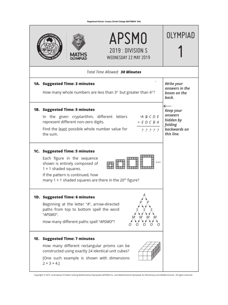 2019 Olympiad 1 Questions Only Pdf Mathematics Numbers