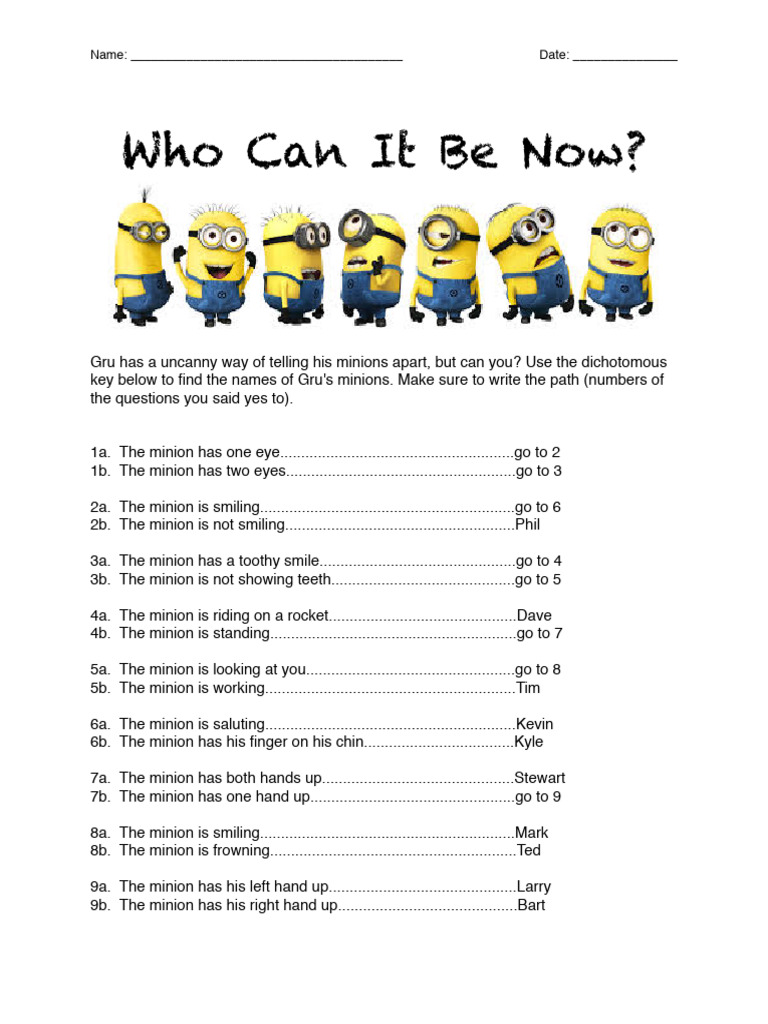 Despicable Me Minions Dichotomous Key | PDF | Games & Activities ...