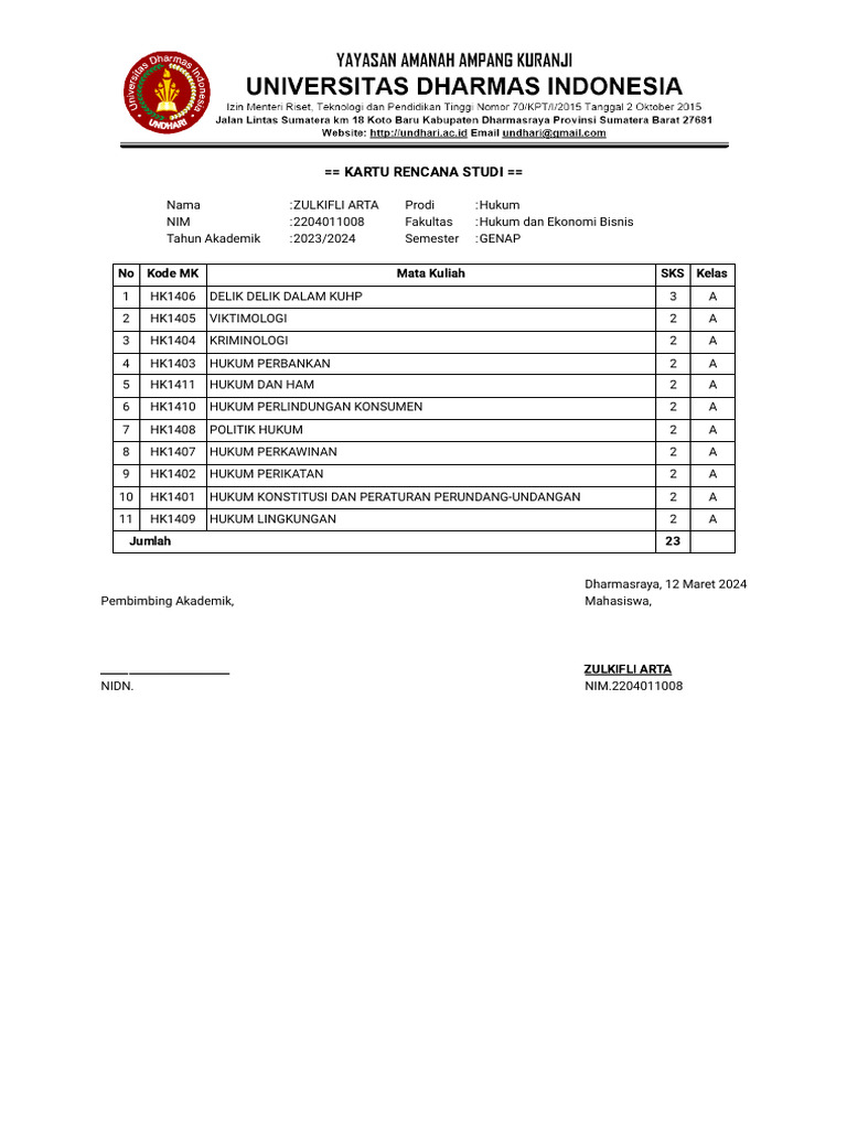 Akademik - Undhari.ac - Id Mahasiswa Krs Cetak 20232 | PDF